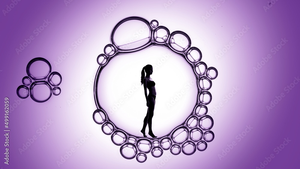 Silhouette of fit woman inside big macro bubble with joined smaller ...