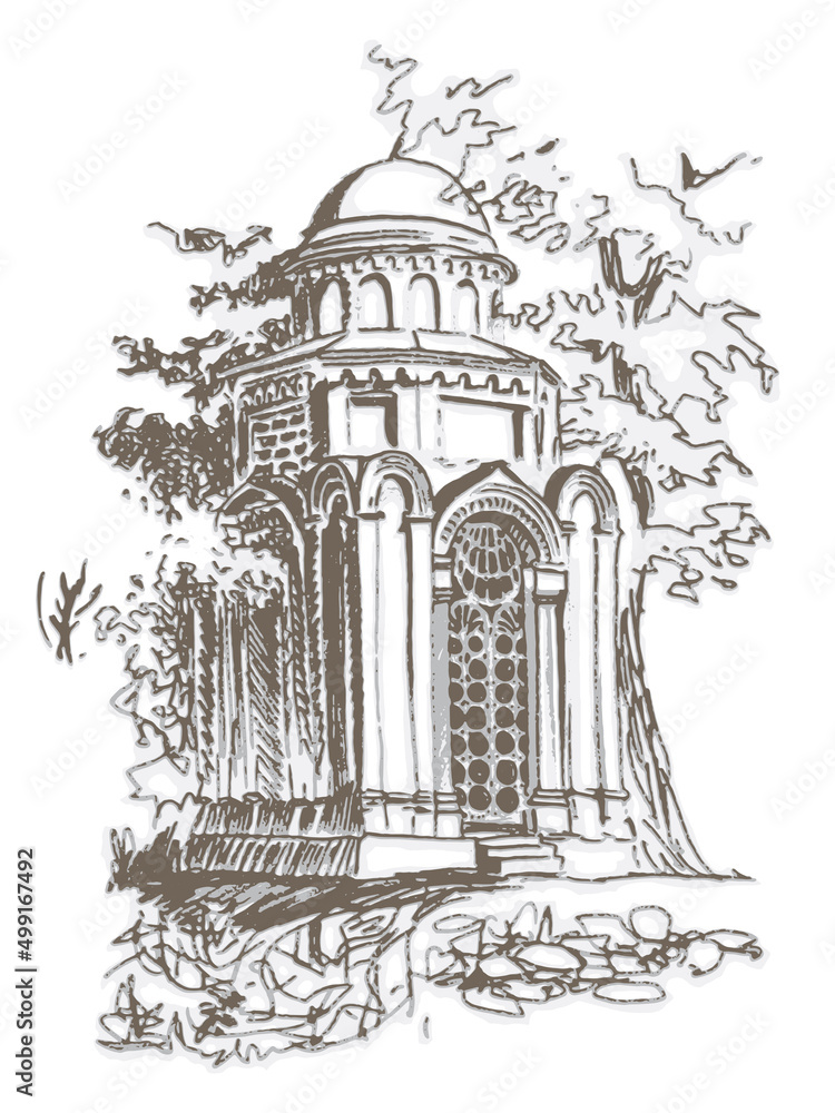 Hand drawn vintage pencil sketch landscape. Rotunda chapel in ancient ...