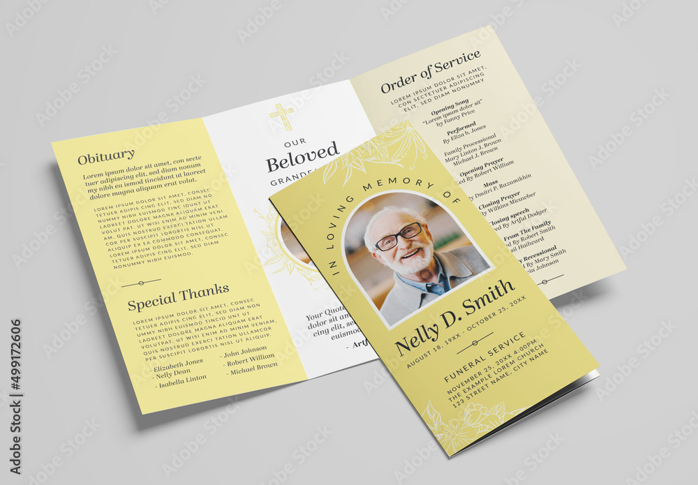 Yellow Funeral Program Obituary Brochure Trifold Leaflet Stock Template ...