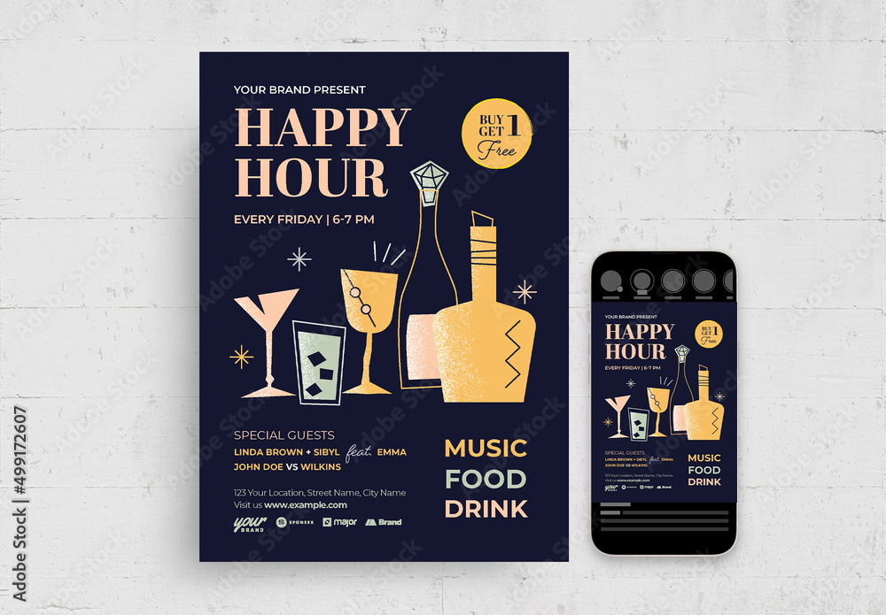 Retro Happy Hour Cocktail Bar Flyer Poster Layout Stock Template ...