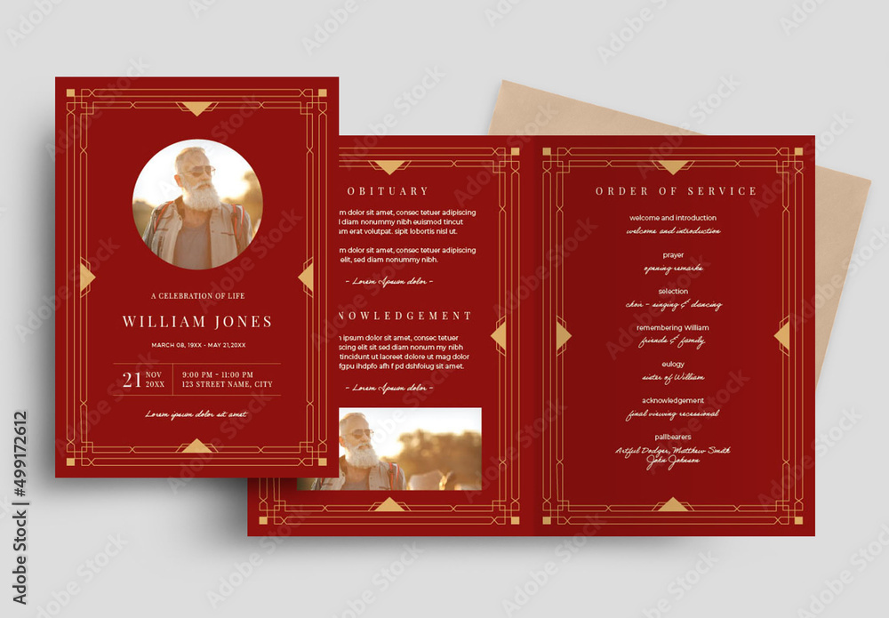 Red Gold Funeral Program Obituary Brochure Layout Stock Template ...