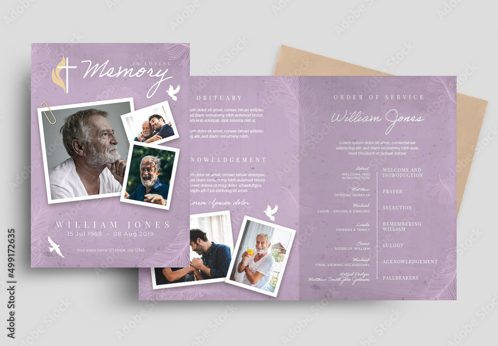 Rustic Purple Funeral Program Layout Stock Template | Adobe Stock