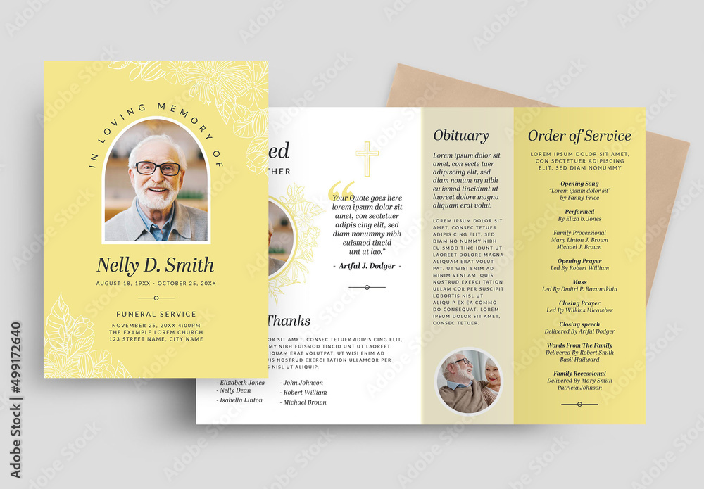 Simple Yellow Funeral Program Obituary Brochure Stock Template | Adobe ...