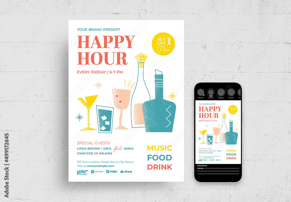 Retro Happy Hour Cocktail Bar Flyer Poster with Mid Century Style Stock ...
