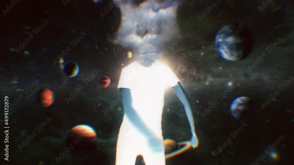 Surreal Clouds Head Man Dancing Space Planets Solar System. Man makes a ...