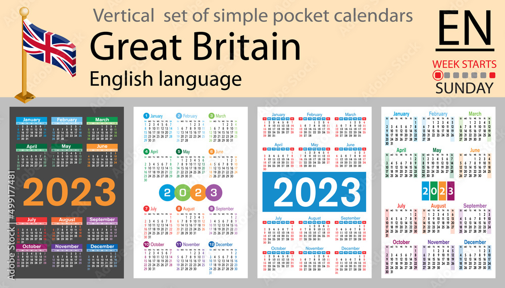 Vetor de English vertical pocket calendar for 2023. Week starts Sunday ...
