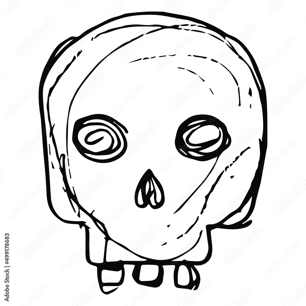 Human skull. Death symbol. Hand drawn linear doodle rough sketch. Black ...