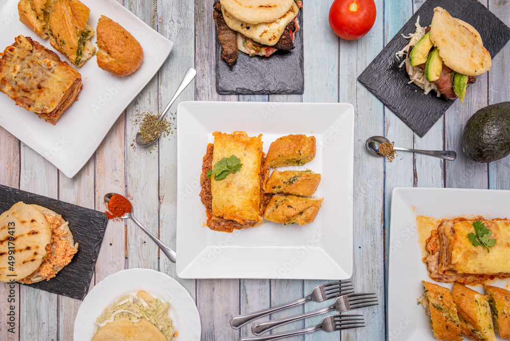 Venezuelan and Italian fast food dishes and appetizers, assorted arepas ...