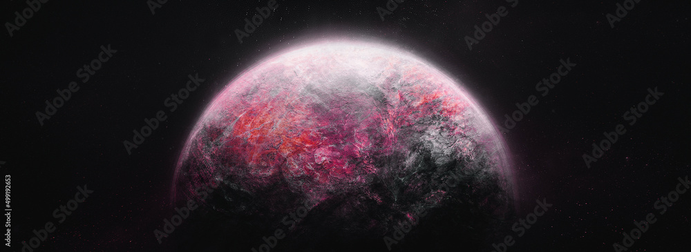 Pink planet in space. Universe and planet. 3D-Rendering. Stock ...