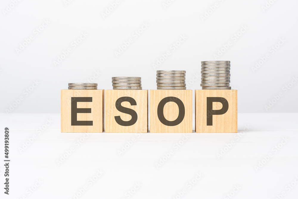 esop text written on wooden block with stacked coins on white ...