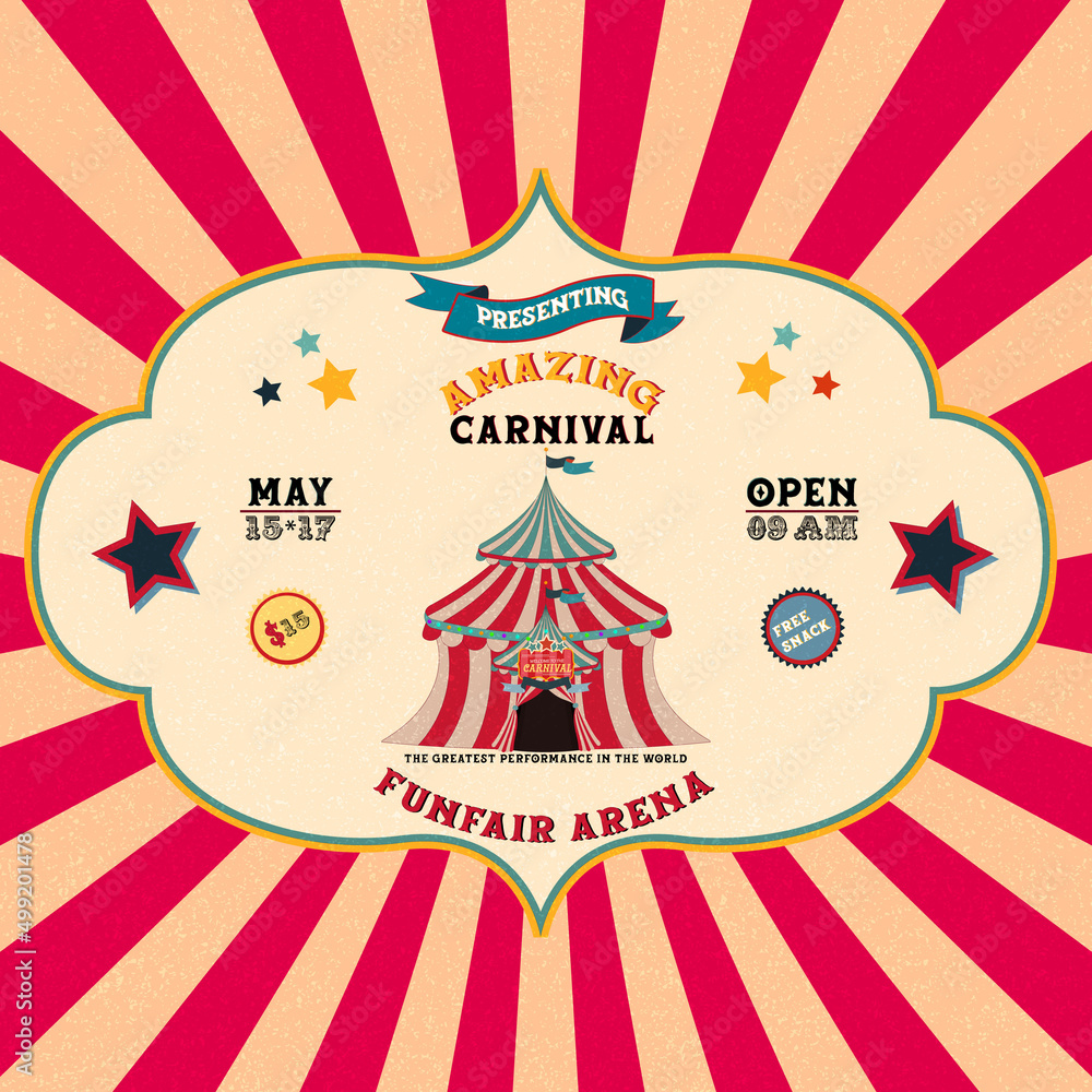 Circus advertising poster or flyer on red and beige burst background ...