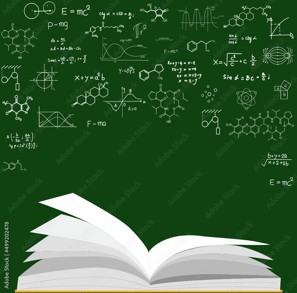 Book on theme of science and chemistry. Structural formulas of ...