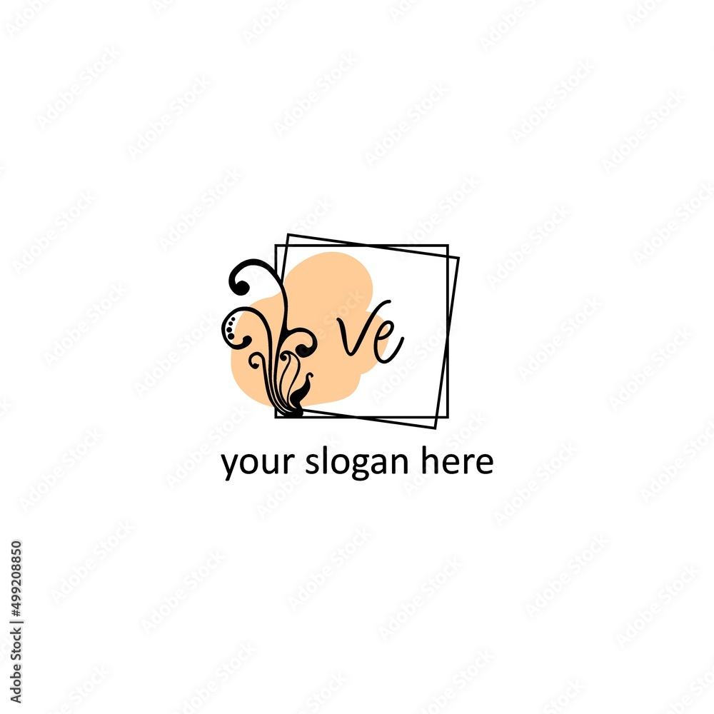 Elegant handwritten letter VE template with square frame and leaf ...