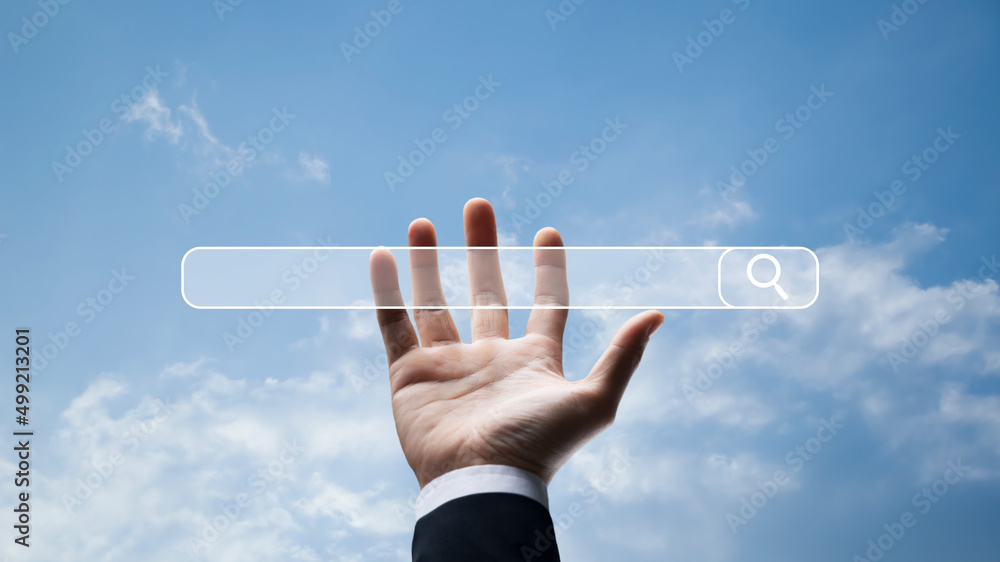 Internet search data browsing data with search bar, man holding search ...