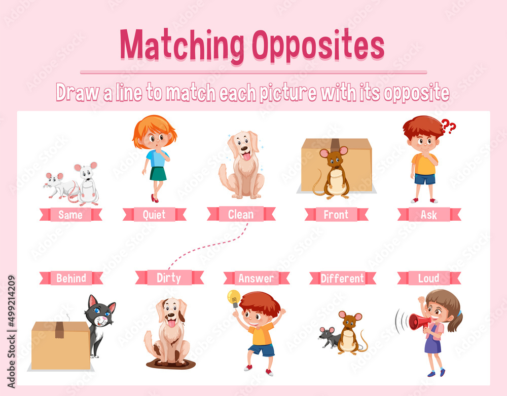 Matching opposite words worksheet for kids Stock Vector | Adobe Stock