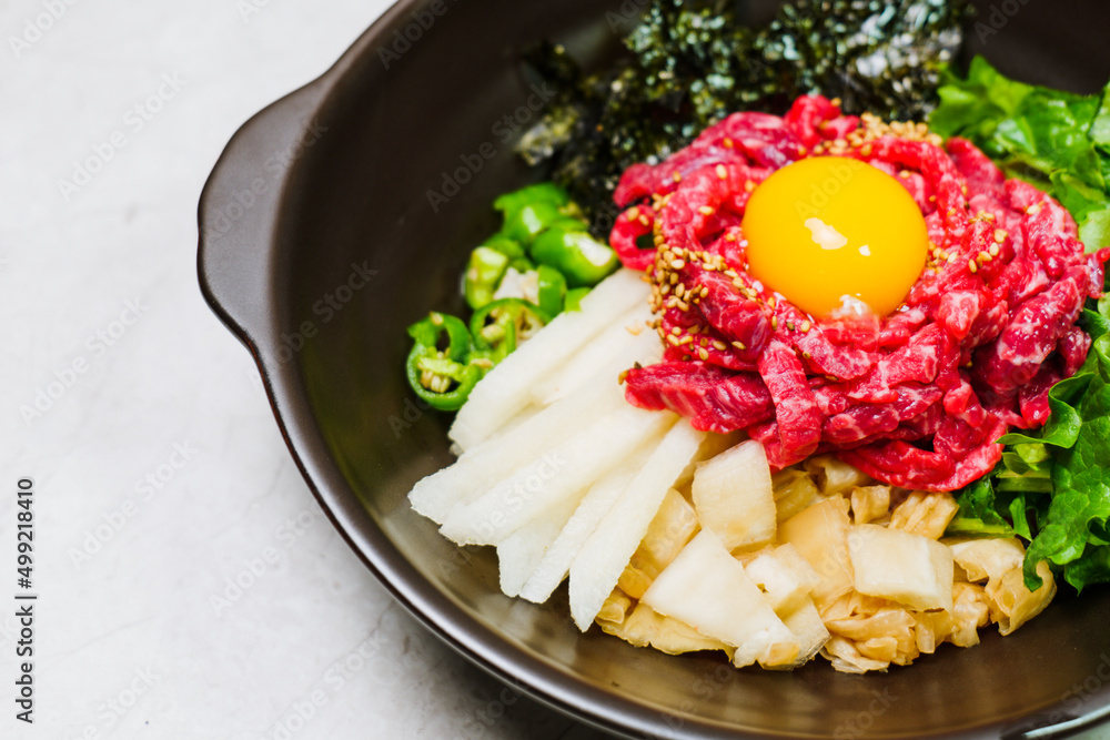 Yukhoebibimbap, Korean style Beef Tartare Bibimbap : This is a bowl of ...