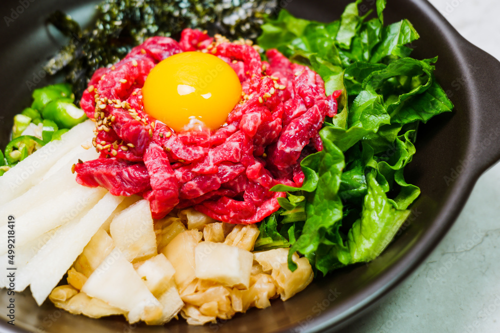 Yukhoebibimbap, Korean style Beef Tartare Bibimbap : This is a bowl of ...