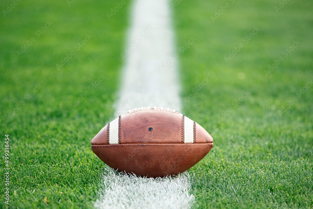 Close up view of an American Football sitting on a grass football field ...