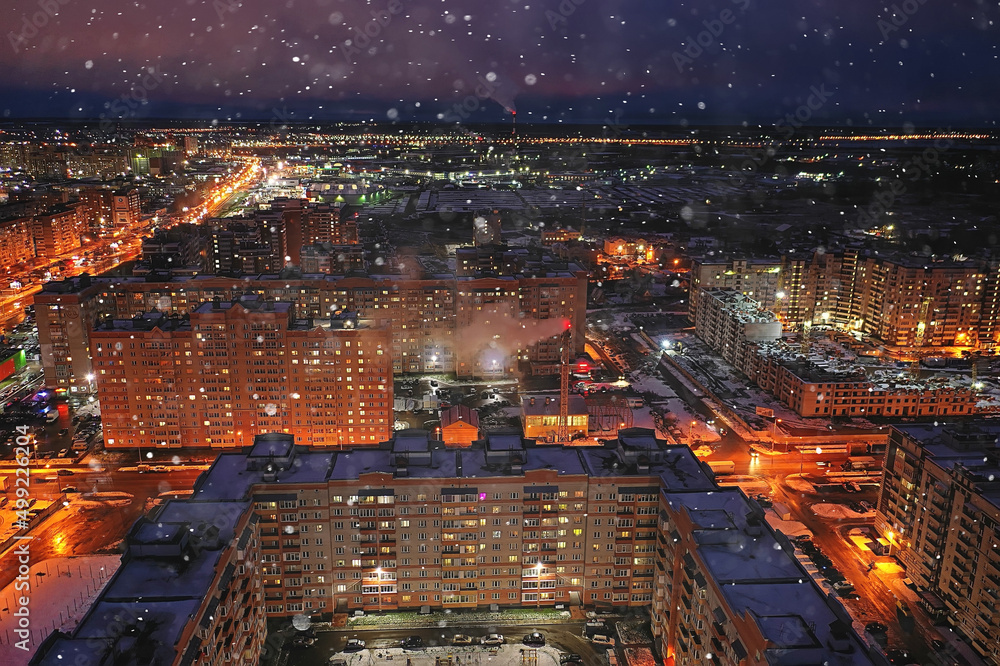 night city top view winter, architecture top roof facade lights Stock ...