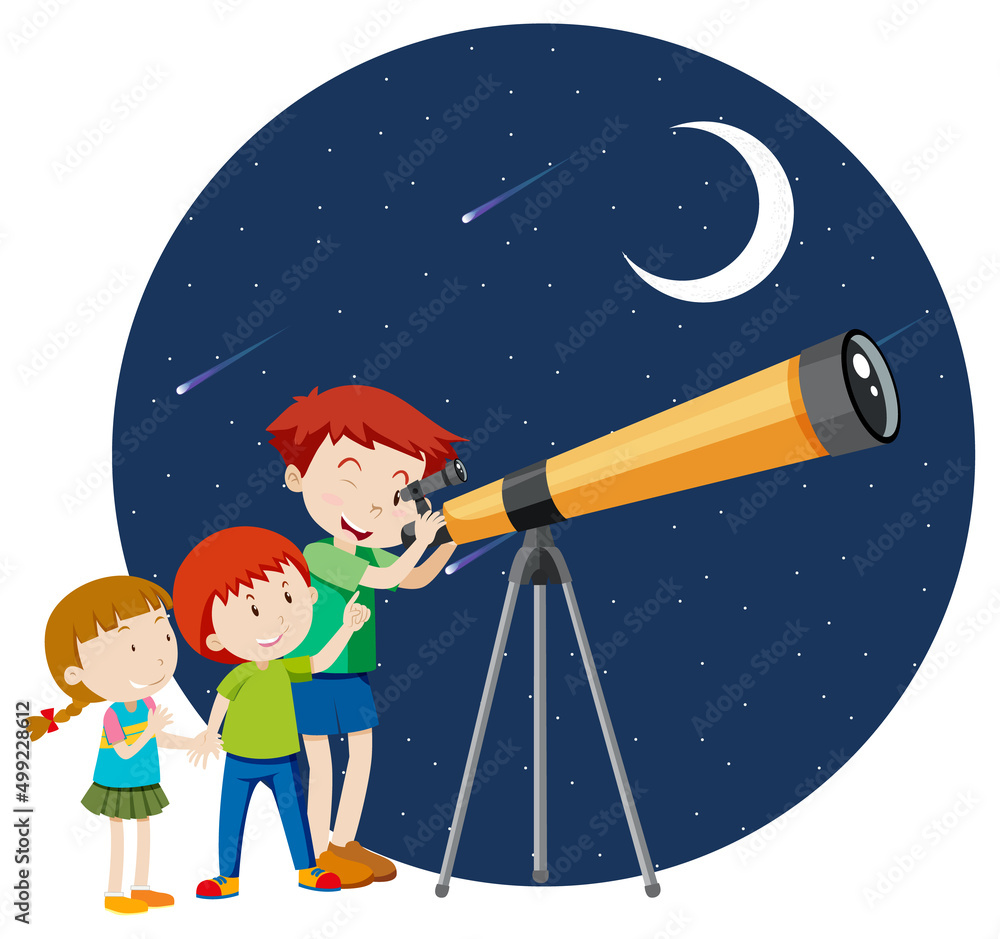 Kids looking through telescope at night Stock Vector | Adobe Stock