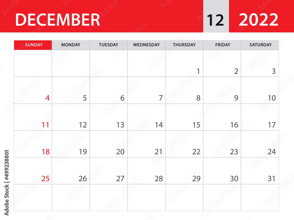 December 2022 template, Calendar 2022 template vector, planner monthly ...