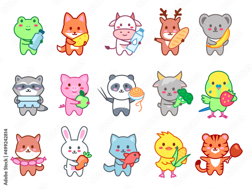 Kawaii animals hold food. Cute zoo character with tasty food products ...