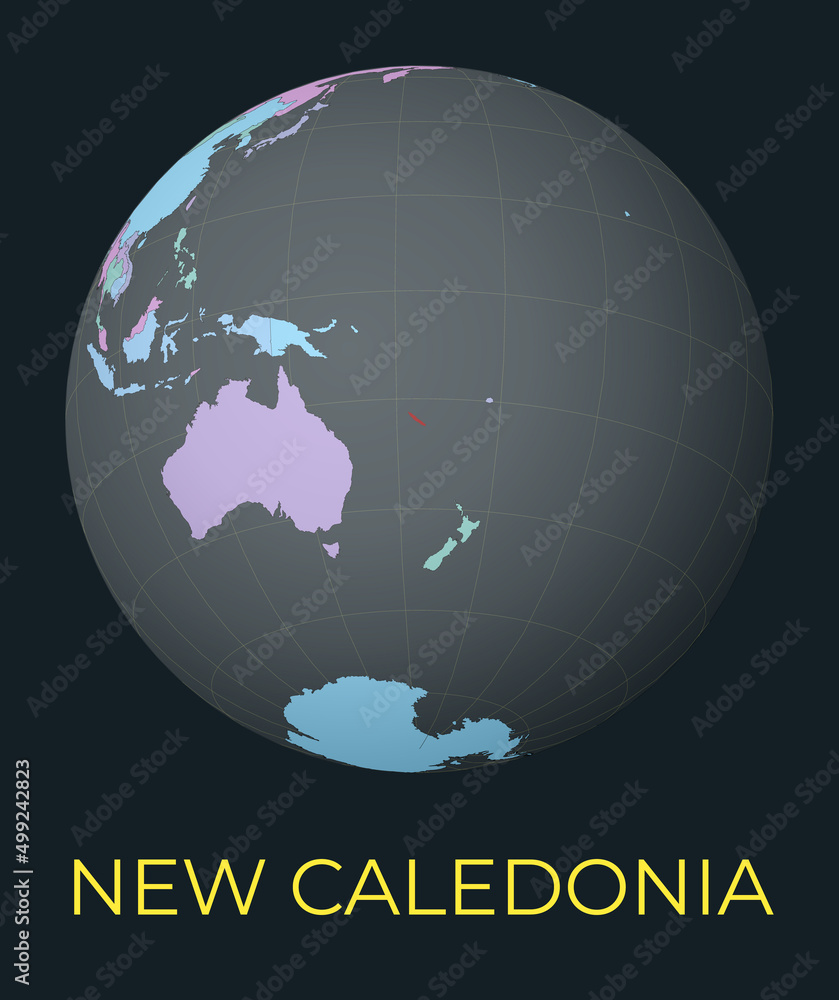 Vecteur Stock World map centered to New Caledonia. Red country ...