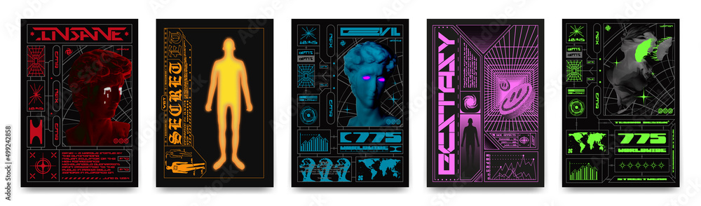 Collection of modern posters with heads of statues. In Techno style ...