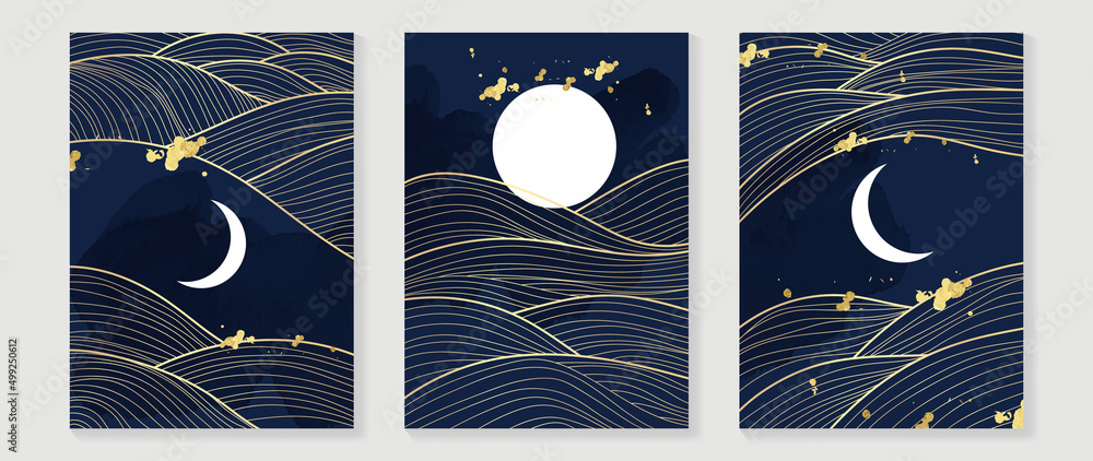 Elegant wave line wall art template. Set of gold hand drawn wall ...
