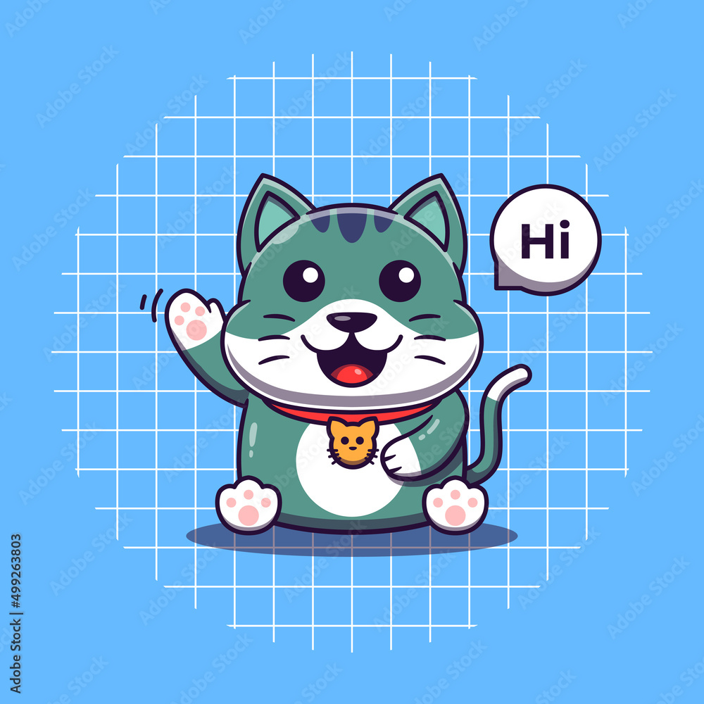Cute cat waving and saying hi vector illustration. Flat cartoon style ...