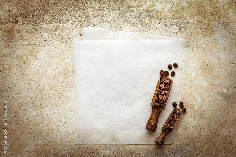Coffee background. Paper sheet copy space on stone tabletop and vintage ...
