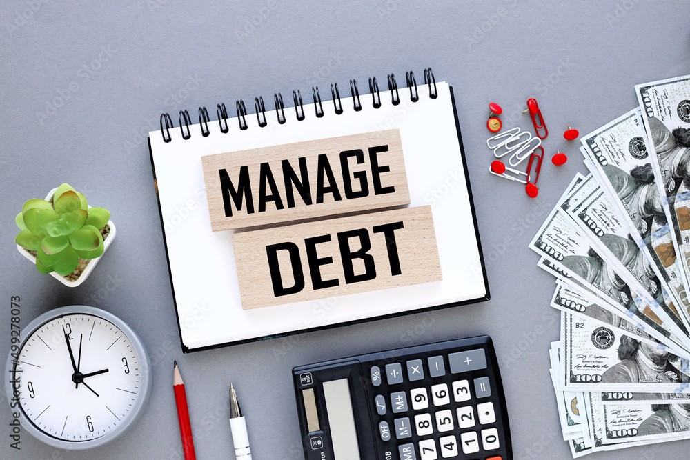Debt Management. light gray background with a notepad and dollar bills ...