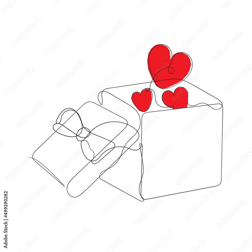 continuous line drawing opened gift box and love comes out of it ...