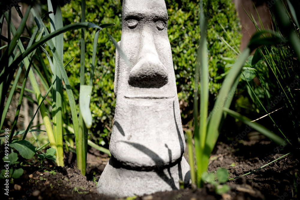 Focus of the eyes of a home-made stonework ancient face depicting an ...