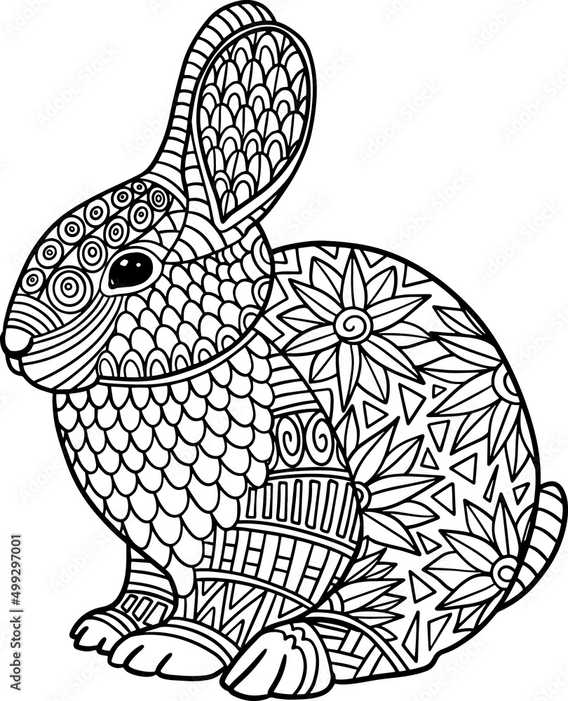 Hand drawn Coloring pages with rabbit , illustration for adult anti ...