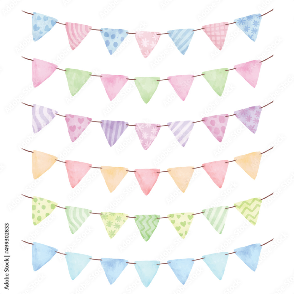 Watercolor colorful bunting flags clipart collection for decoration ...