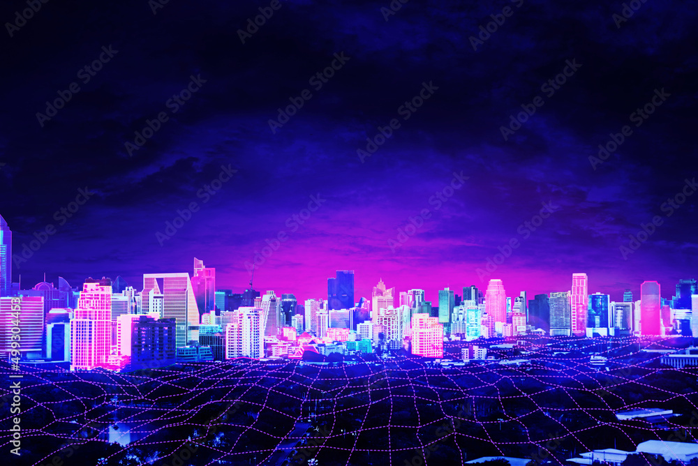 High angle view to metaverse smart city in futuristic digital space ...