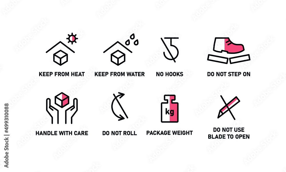 Packaging line icon set. Keep dry do not roll no hook handle with care ...