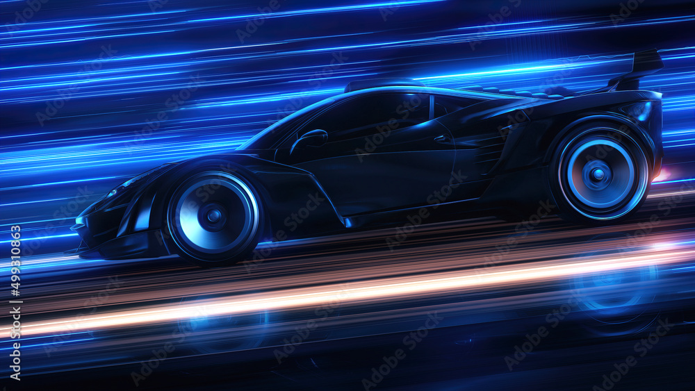 Ilustrace „Speeding Sports Car On Neon Highway. Powerful acceleration ...