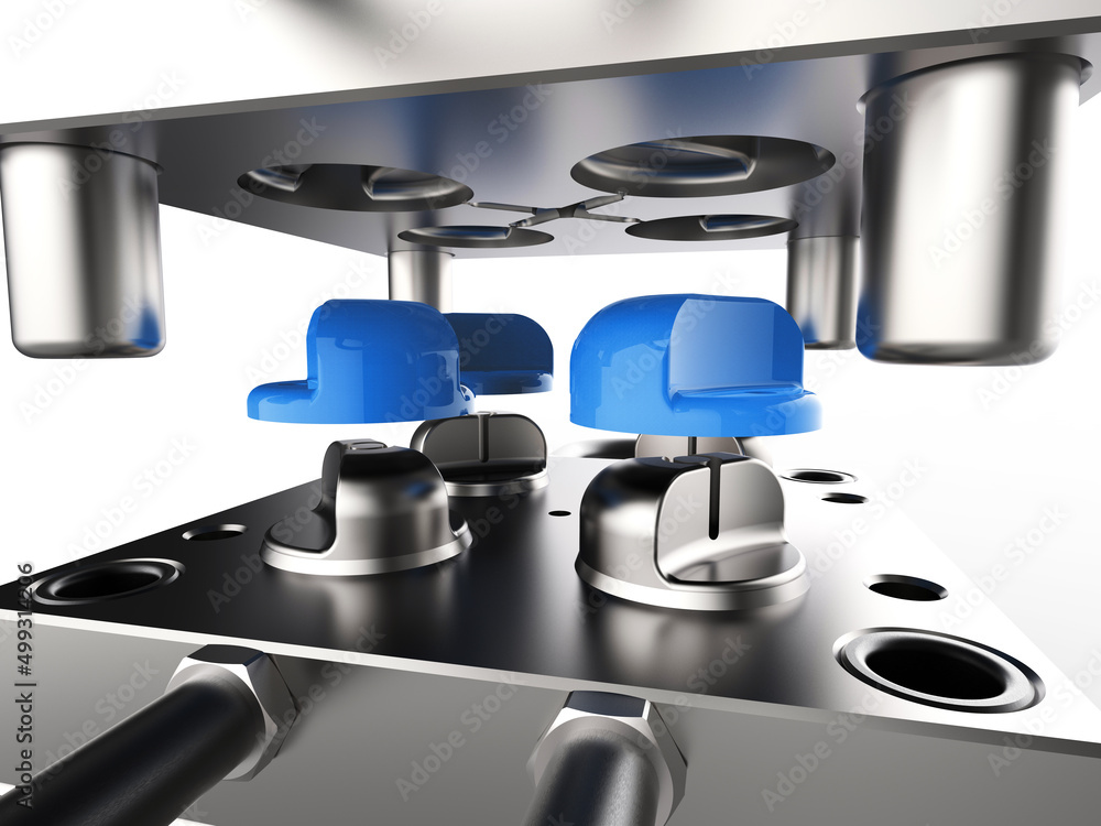 3D render of plastic moulding machine. Plastic injection moulding.Cups ...