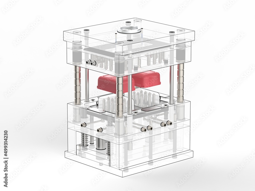 3D render of plastic moulding machine. Plastic injection moulding.Cups ...