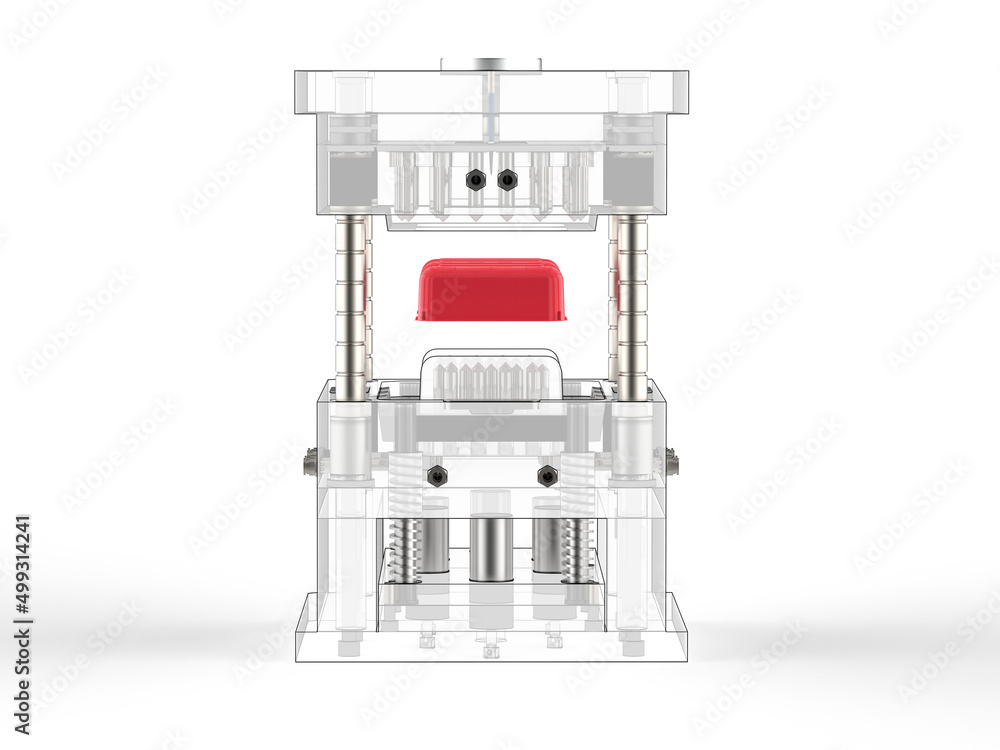 3D render of plastic moulding machine. Plastic injection moulding.Cups ...