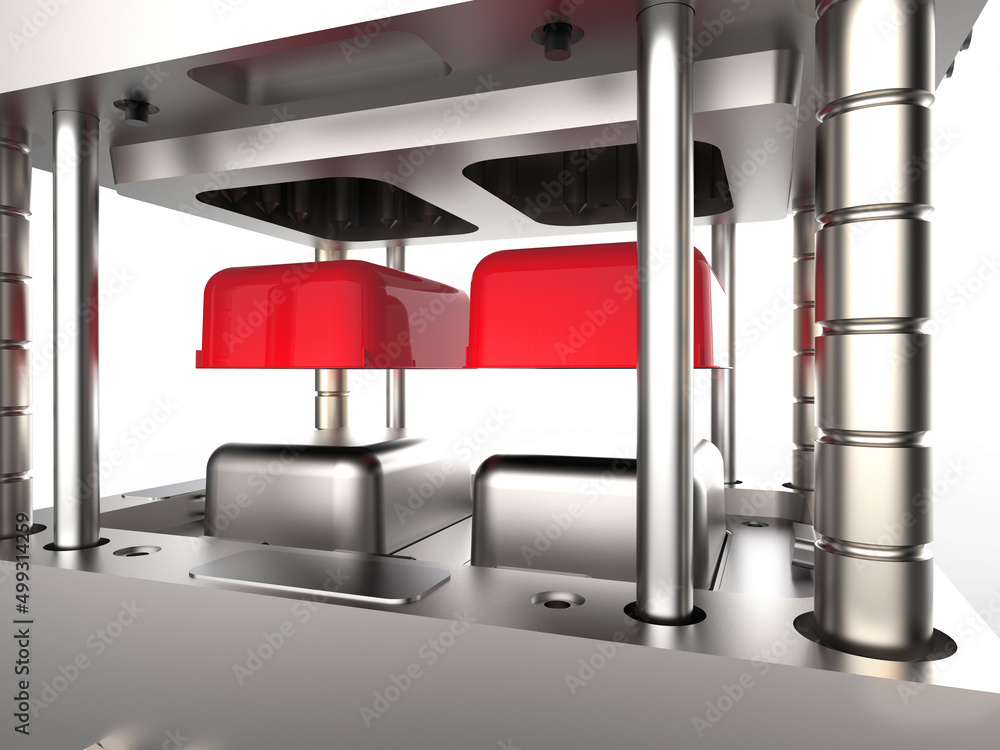 3D render of plastic moulding machine. Plastic injection moulding.Cups ...