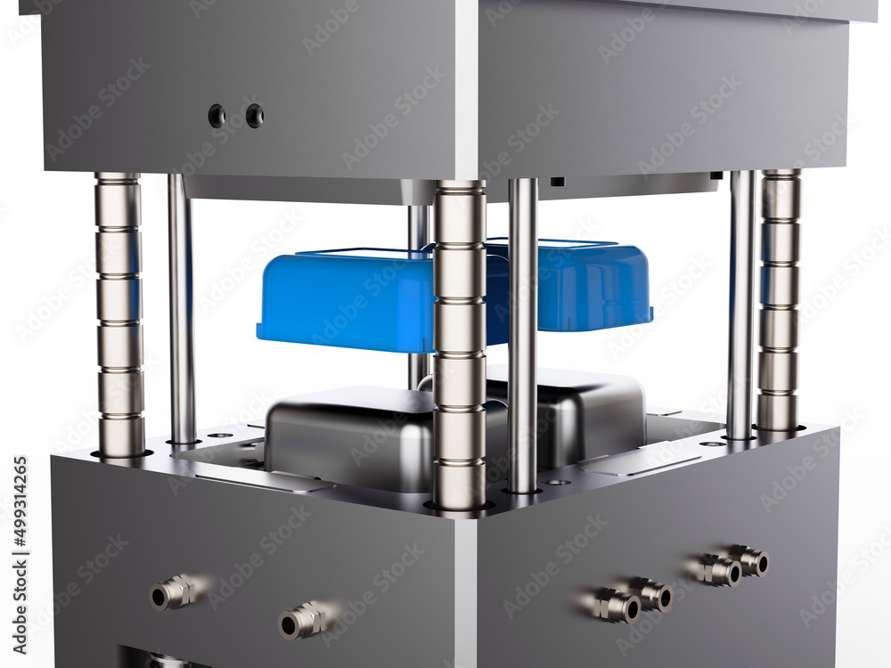 3D render of plastic moulding machine. Plastic injection moulding.Cups ...