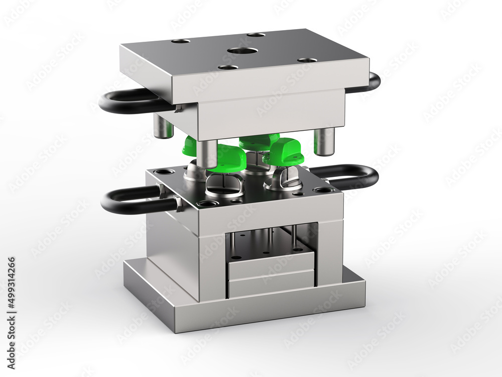 3D render of plastic moulding machine. Plastic injection moulding.Cups ...