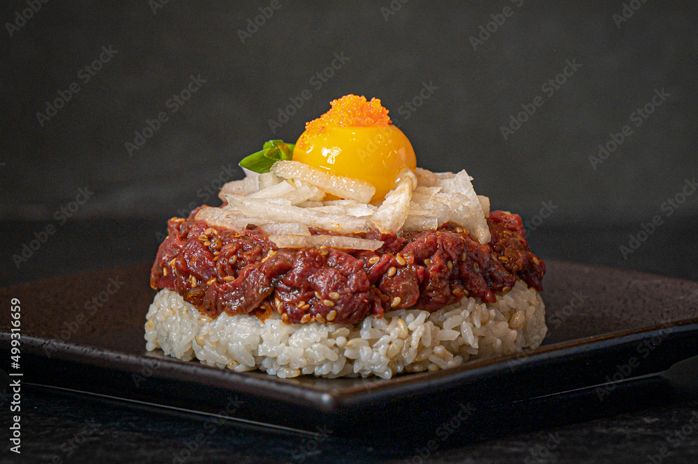 Yukhoe traditional Korean Steak Tartar over rice Stock Photo | Adobe Stock