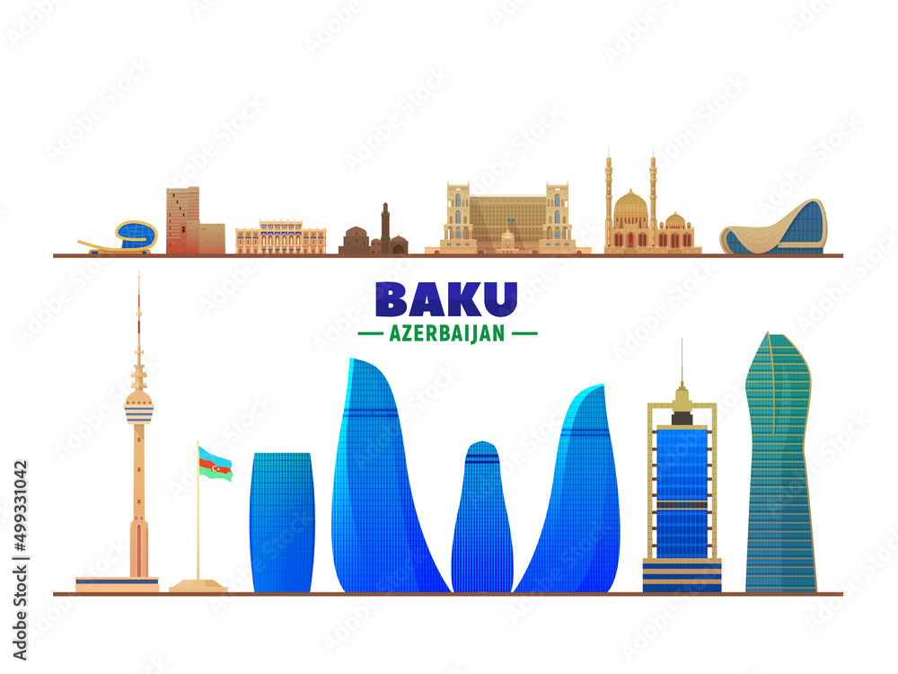 Baku (Azerbaijan) city landmarks on a white background. Flat vector ...