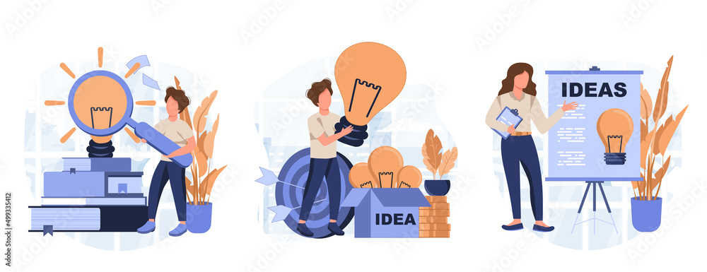 Finding ideas concept isolated person situations. Collection of scenes ...