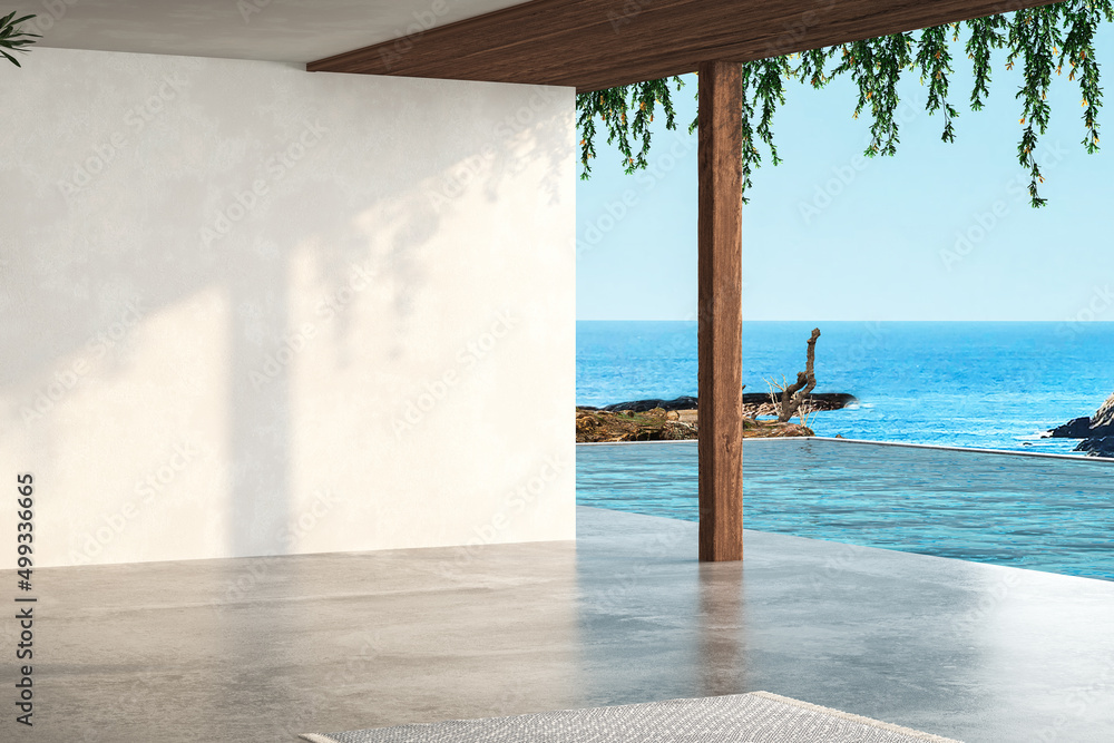 Sea view empty large living room of luxury summer beach house with ...