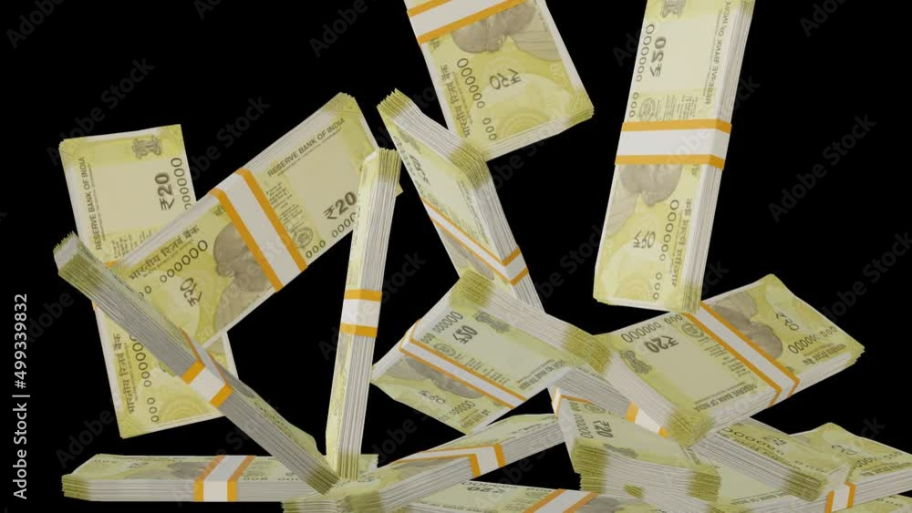 Many wads of money falling down on transparent background. 20 Indian ...